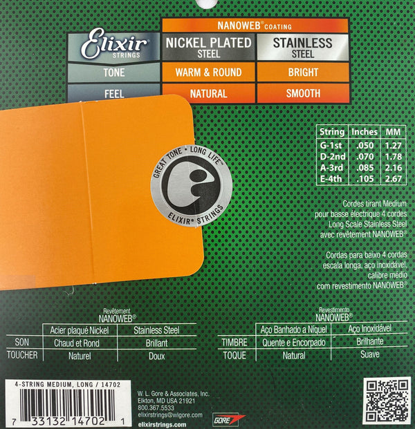 Elixir Stainless Steel Long Scale Nanoweb Medium Electric Bass Strings ...